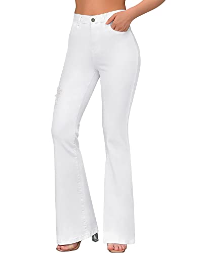 roswear Women’s High Waisted Bell Bottom Stretch Ripped Curvy Flare Jeans White Medium