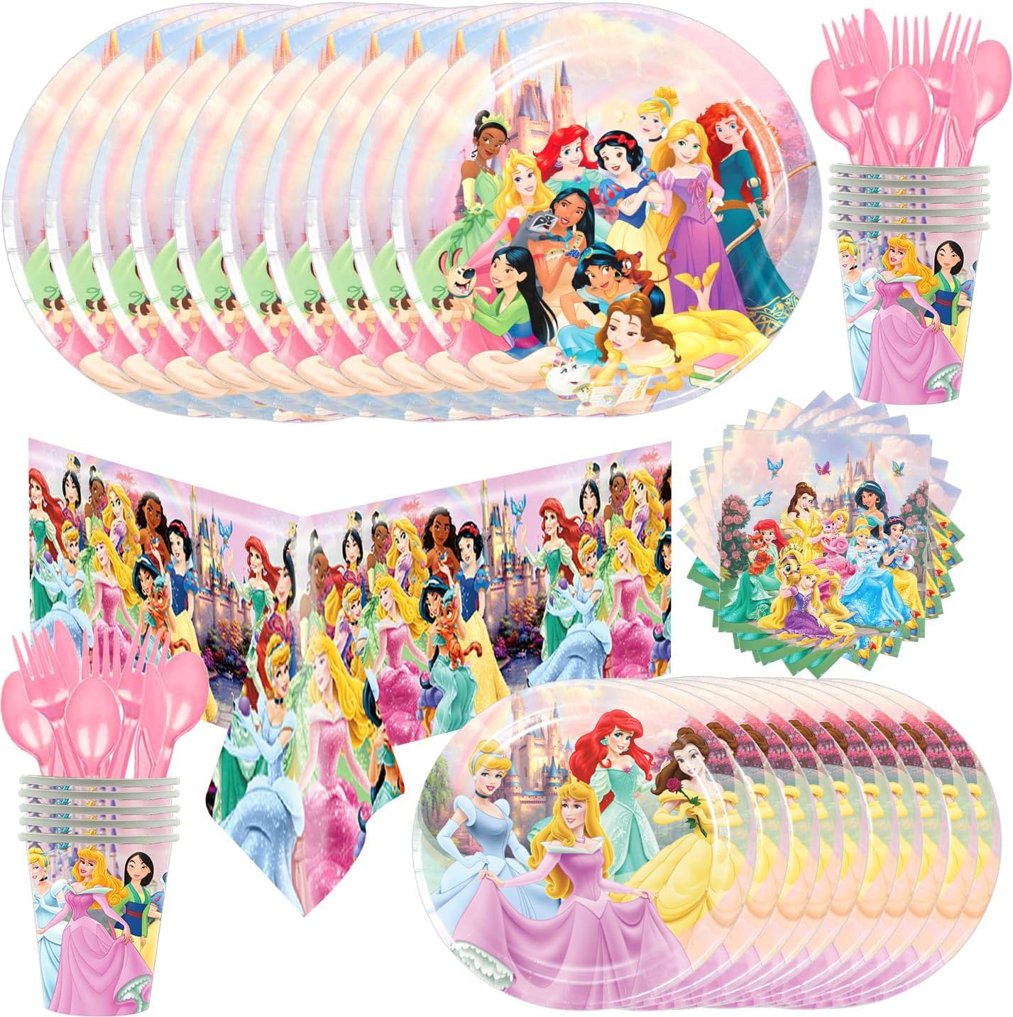 Princess Birthday Party Supplies Decorations for Girls Birthday Theme Tableware Includes Party Plates, Paper Cups, Knives, Forks and Spoons and Tablecloth
