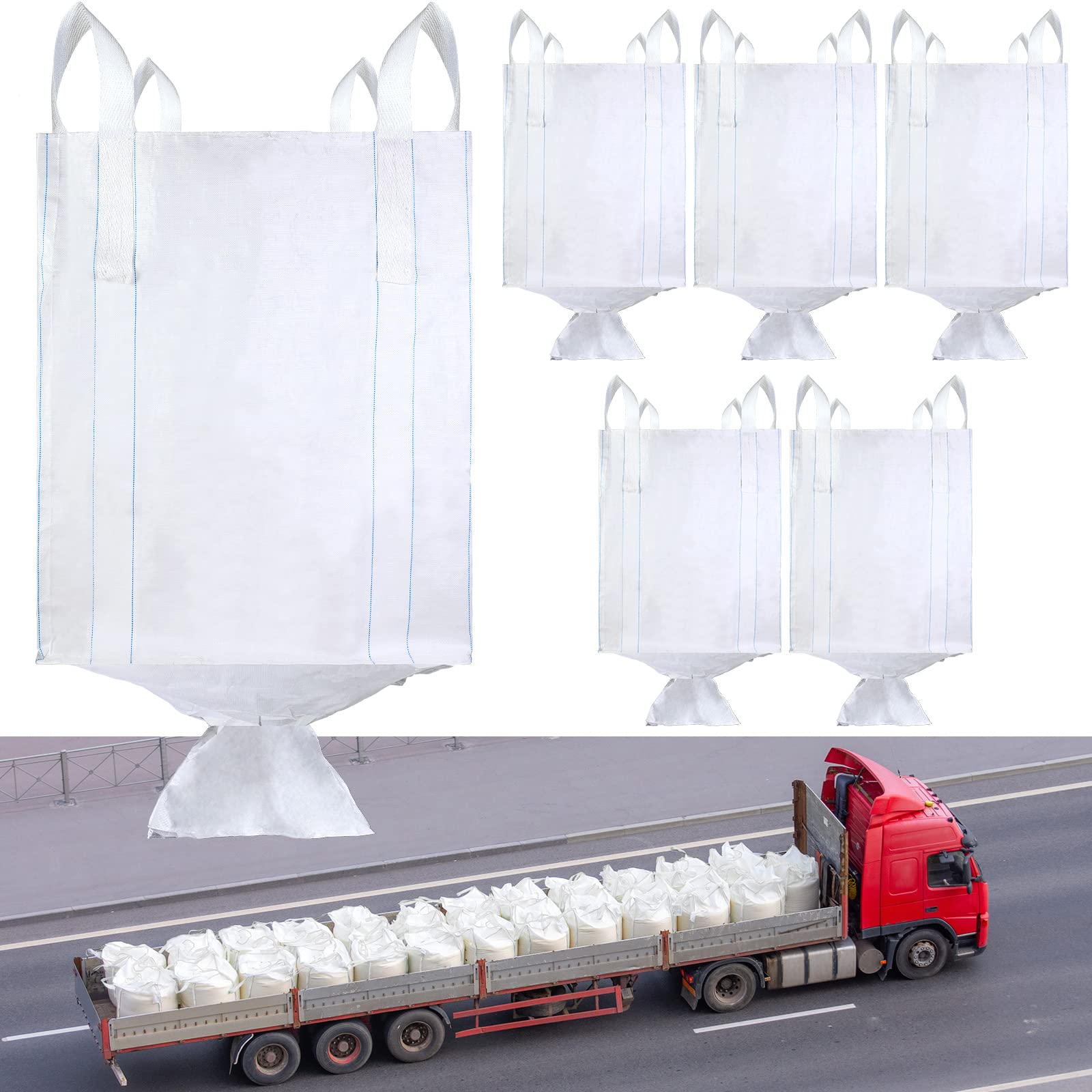6 Pcs FIBC Bulk Bags 35" L x 35" W x 43" H, Holds Up To 3300 Lbs (SWL) Woven Polypropylene Sack for Dumpster, Feed Grain, Construction, Gravel, Waste Management, Sand Bags With 4 Lift Loops