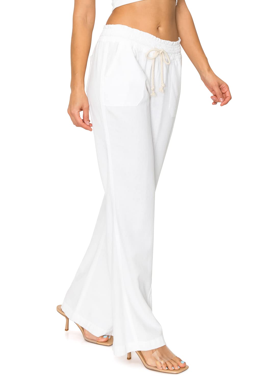 Cali1850 Women's Casual Linen Pants 32" Inseam Oceanside Drawstring Smocked Waist Lounge Beach Pants with Pockets White X-Large