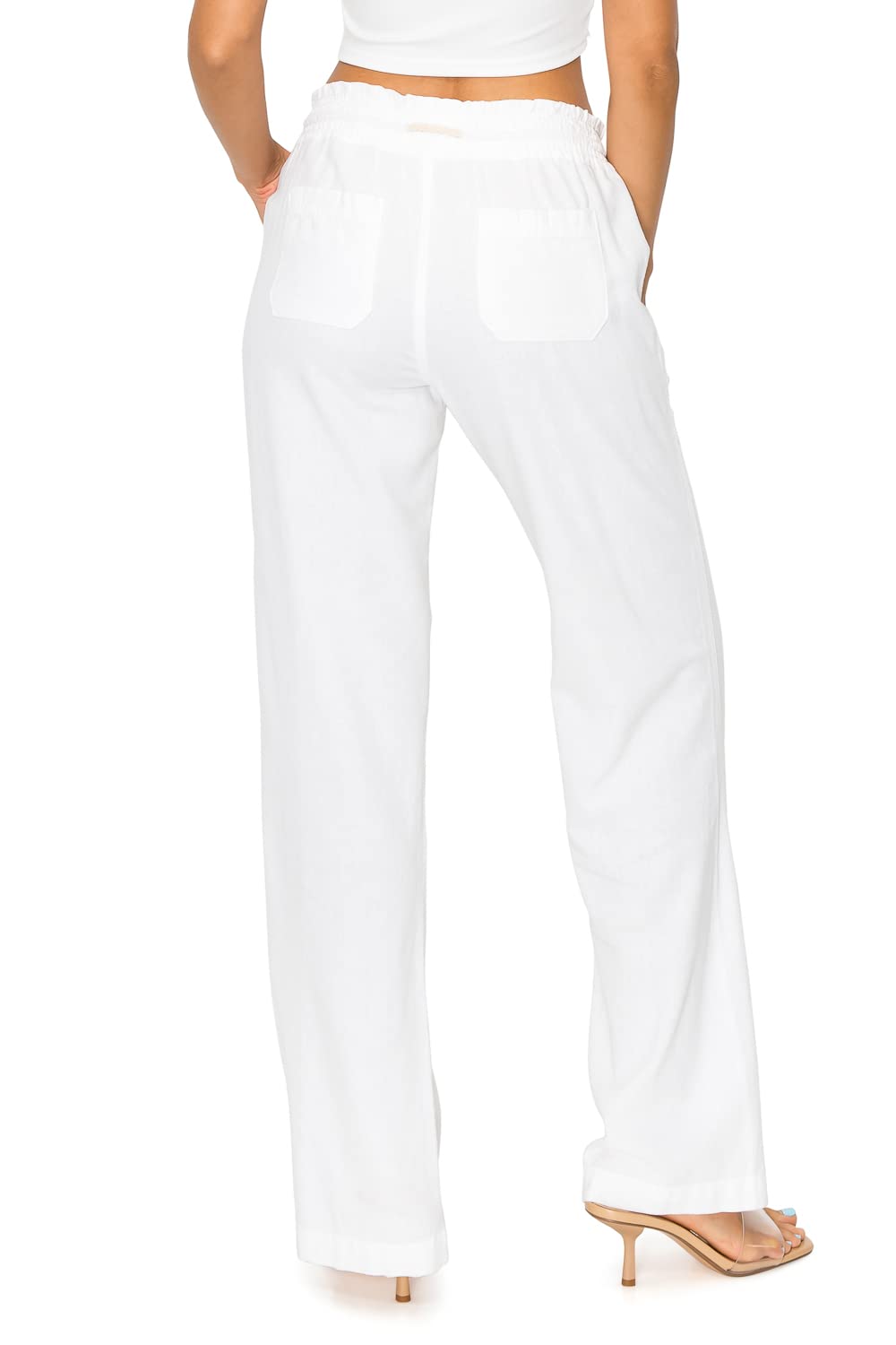 Cali1850 Women's Casual Linen Pants 32" Inseam Oceanside Drawstring Smocked Waist Lounge Beach Pants with Pockets White X-Large