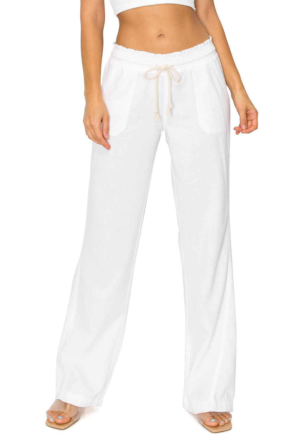 Cali1850 Women's Casual Linen Pants 32" Inseam Oceanside Drawstring Smocked Waist Lounge Beach Pants with Pockets White X-Large