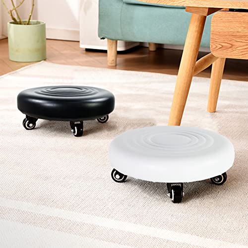 WKWKER Modern Roller Seat 360° Rotating PU Leather Rolling Stool Floor Stools with Universal Caster Ottoman Step Stools Fitness Sport H:4.6" Swivel Wheels for Home Garage Shop (White)
