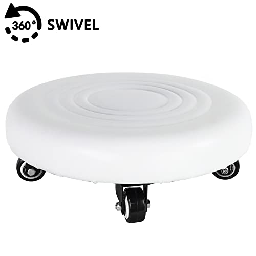 WKWKER Modern Roller Seat 360° Rotating PU Leather Rolling Stool Floor Stools with Universal Caster Ottoman Step Stools Fitness Sport H:4.6" Swivel Wheels for Home Garage Shop (White)