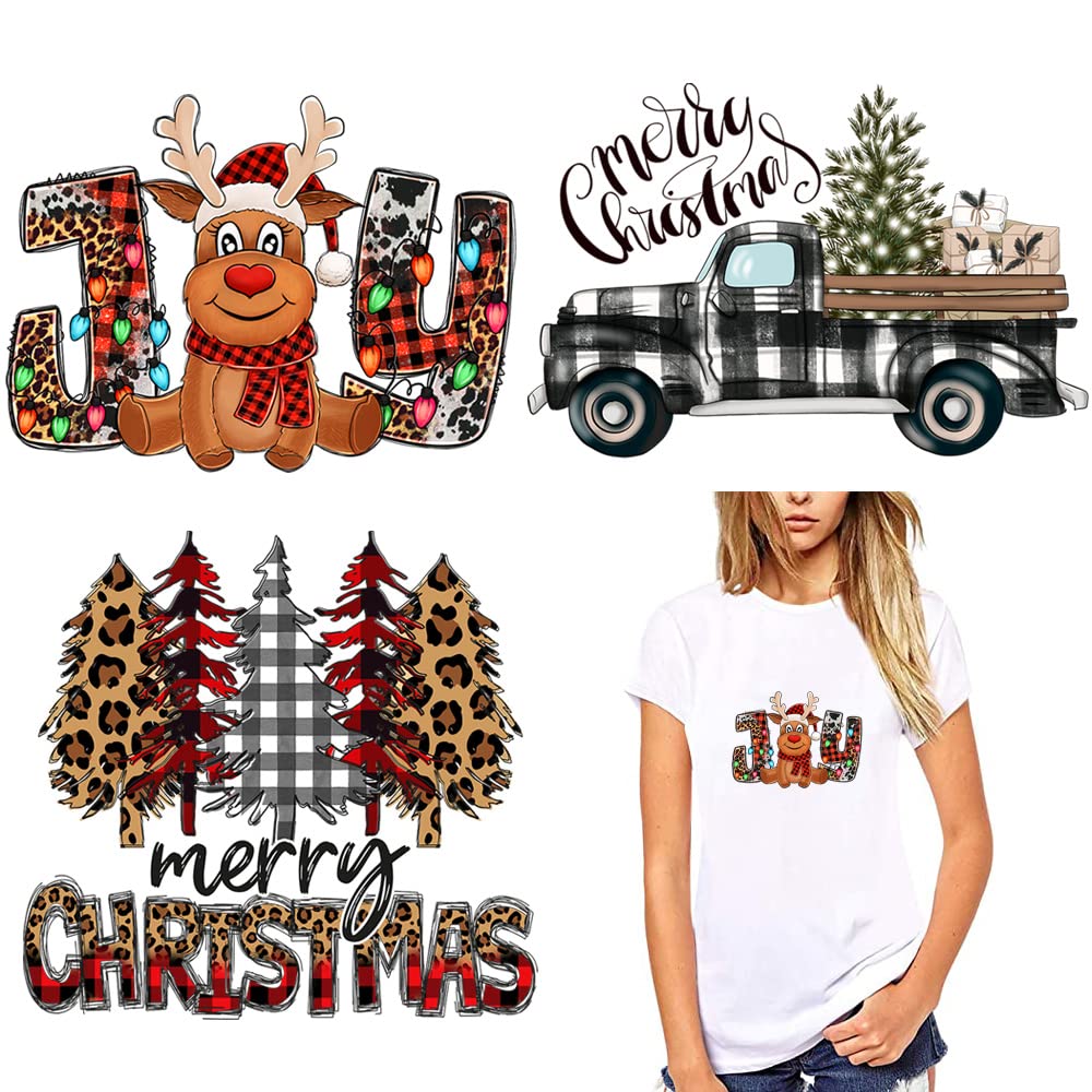 Iron on Decals & Patches - 3 Sheets Heat Transfer Stickers - Christmas Tree, Car, Deer Patterns for T-Shirts, Pillow, Hoody, Bag