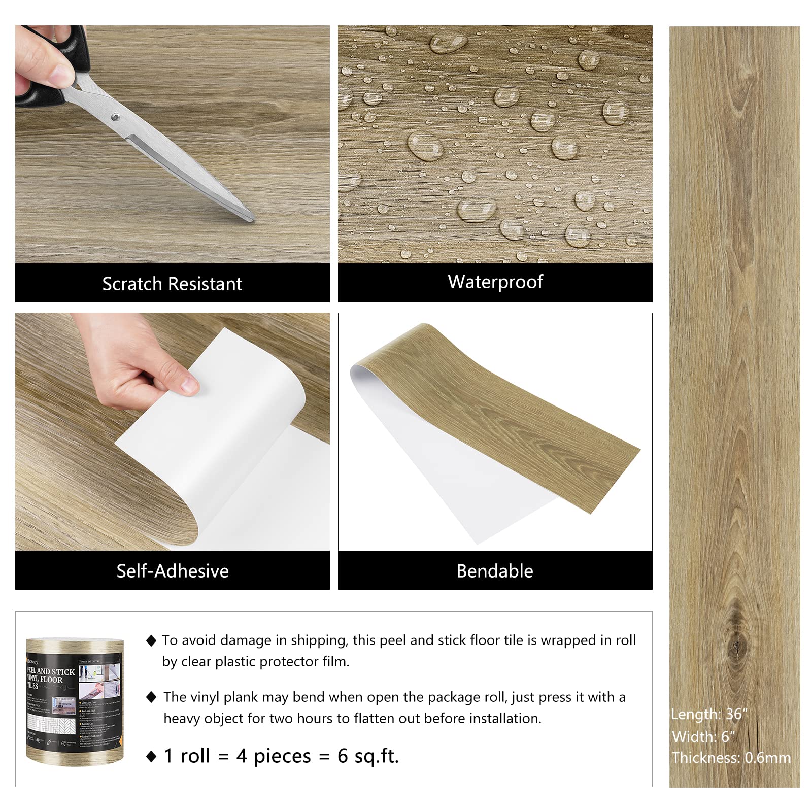 LaCheery Peel and Stick Floor Tile Wood Look 6"x36" Grey Plank Vinyl Flooring Tiles Peel and Stick Waterproof for Bathroom Kitchen Floor Tile Sticker Self Adhesive Vinyl Flooring Roll Removable 4-Pack