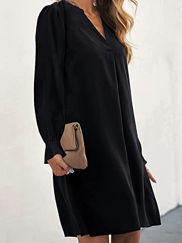 KINMIU Women's Long Sleeve V Neck Flowy Swing Shift Dress Slim Fit Cute Fall Autumn Dresses 2023 Trendy(Medium,Black)