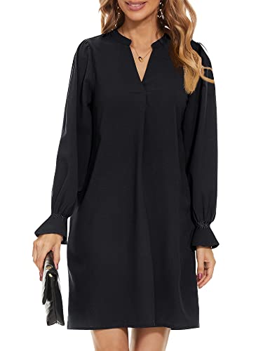 KINMIU Women's Long Sleeve V Neck Flowy Swing Shift Dress Slim Fit Cute Fall Autumn Dresses 2023 Trendy(Medium,Black)