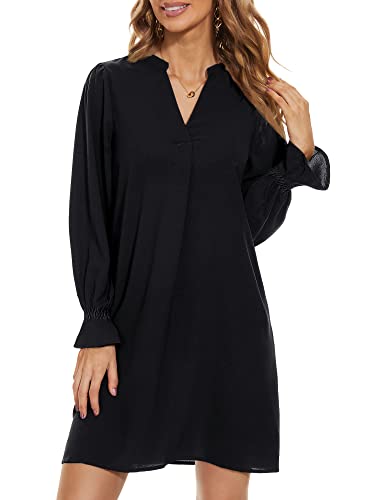 KINMIU Women's Long Sleeve V Neck Flowy Swing Shift Dress Slim Fit Cute Fall Autumn Dresses 2023 Trendy(Medium,Black)