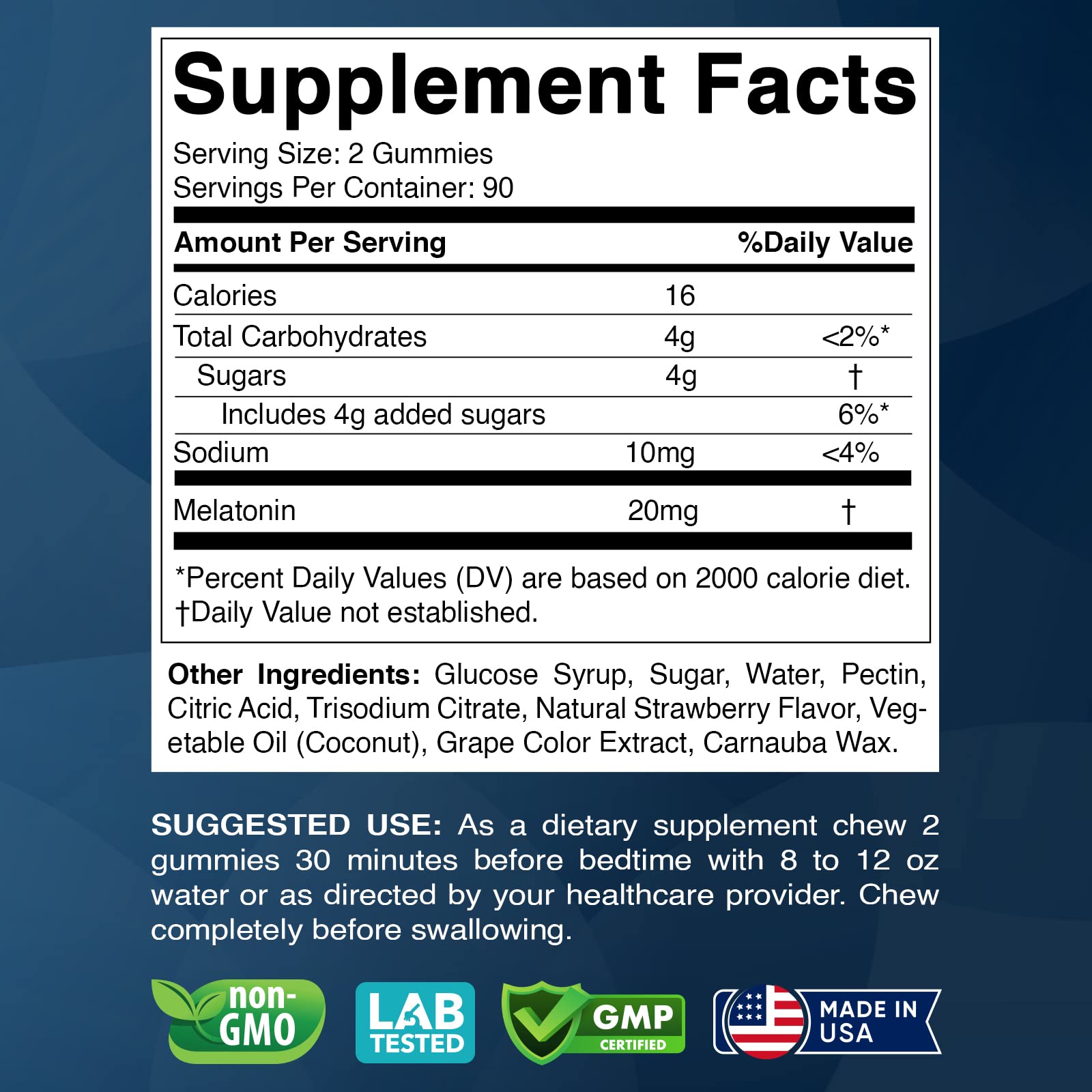 Vitabod Melatonin 20mg Gummies - 180 Count - Drug Free - Natural Strawberry Flavor - Vegetarian, Non-GMO, Gluten Free (1 Bottles)