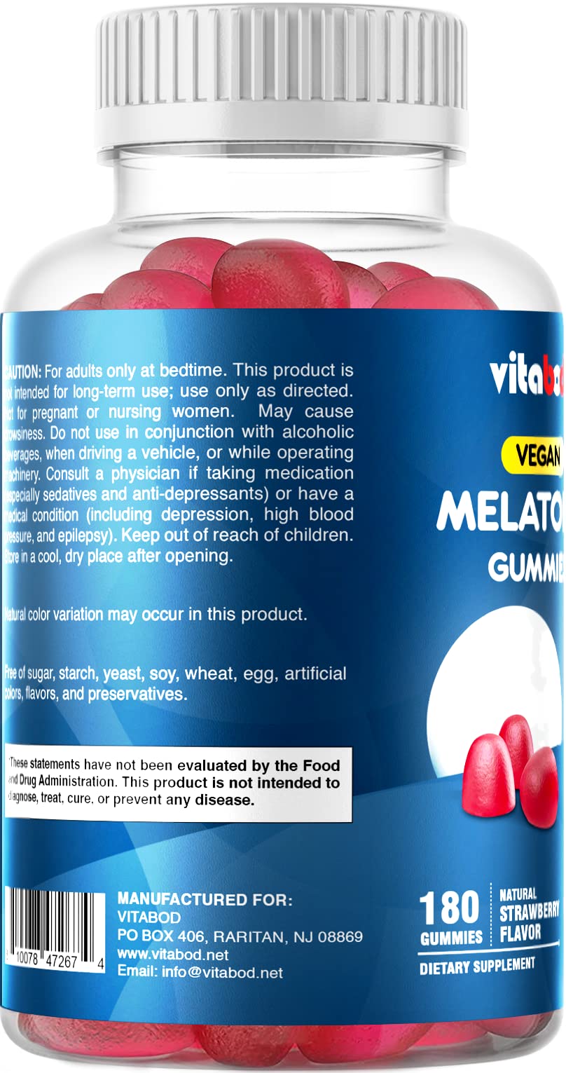 Vitabod Melatonin 20mg Gummies - 180 Count - Drug Free - Natural Strawberry Flavor - Vegetarian, Non-GMO, Gluten Free (1 Bottles)