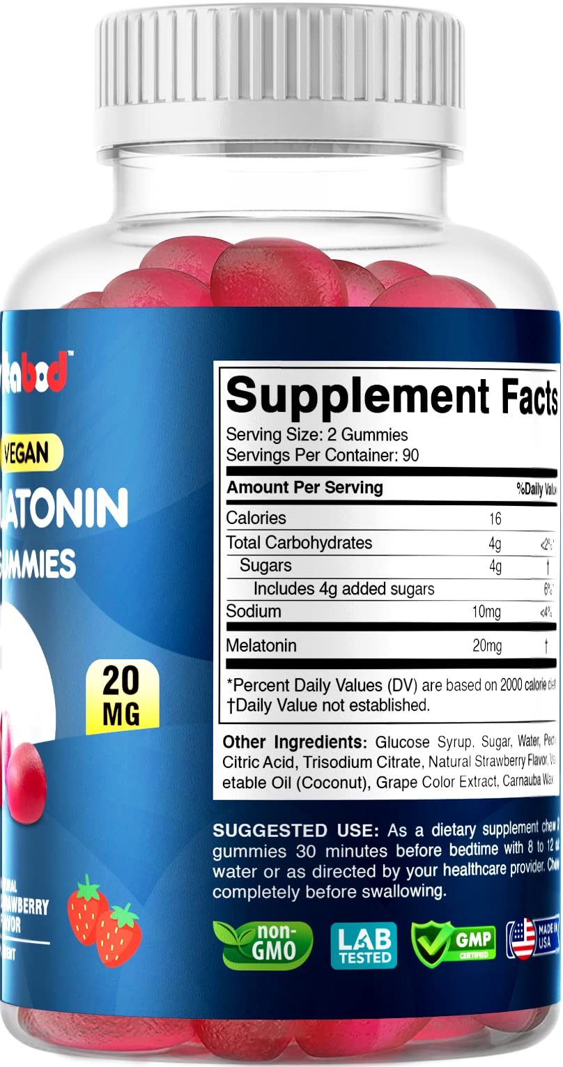 Vitabod Melatonin 20mg Gummies - 180 Count - Drug Free - Natural Strawberry Flavor - Vegetarian, Non-GMO, Gluten Free (1 Bottles)