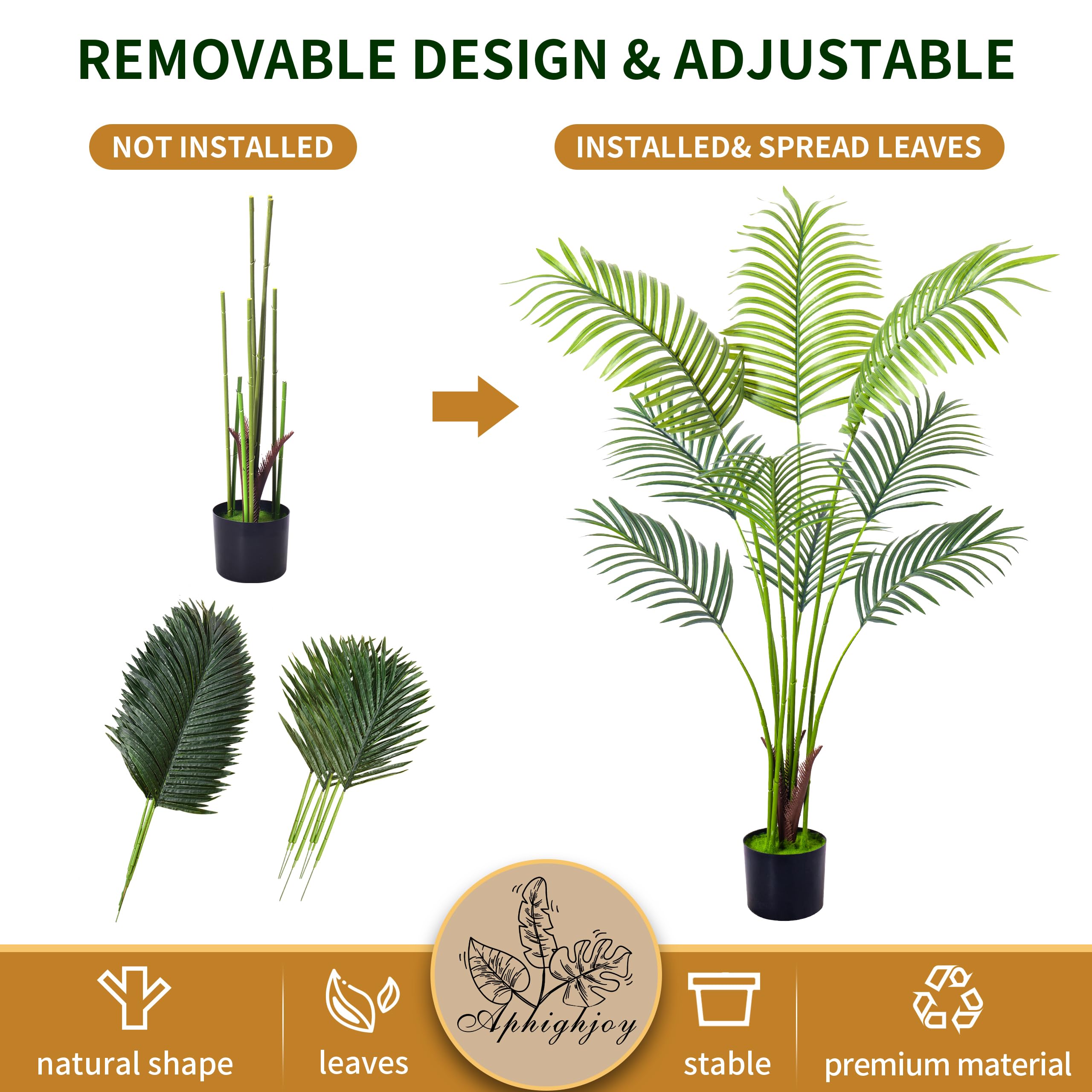 Aphighjoy 4FT Artificial Areca Palm Plant with Natural Trunks & Real Touch Leaves,Fake Palm Tree with Stable Pot, Faux Plant for Indoor Outdoor Modern Decor Housewarming Gift (4 Ft - 1 Pack)