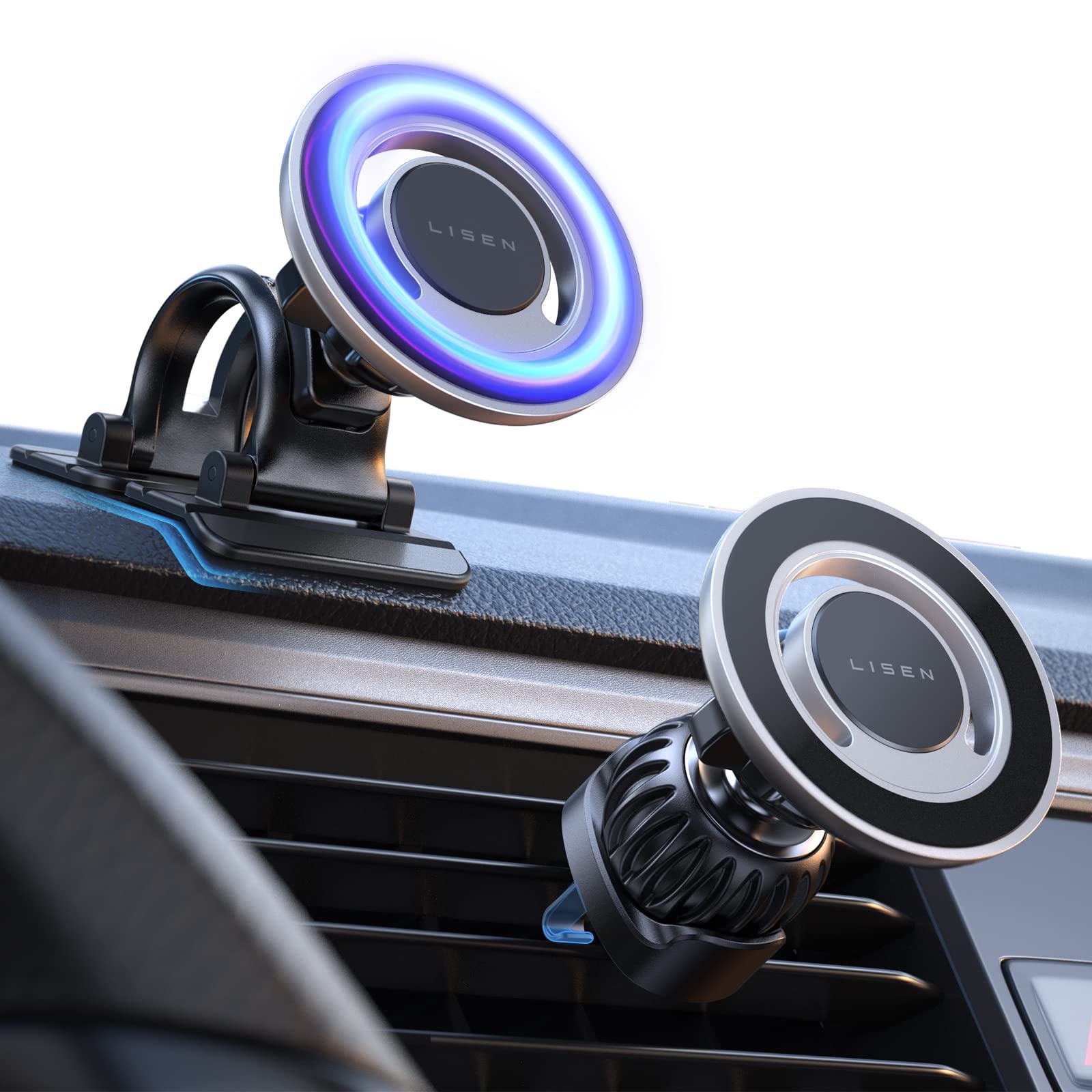 LISEN MagSafe Car Mount - Strong Magnetic Phone Holder for Dashboard Vent, Compatible with iPhone 16-12 Pro Max, Silver