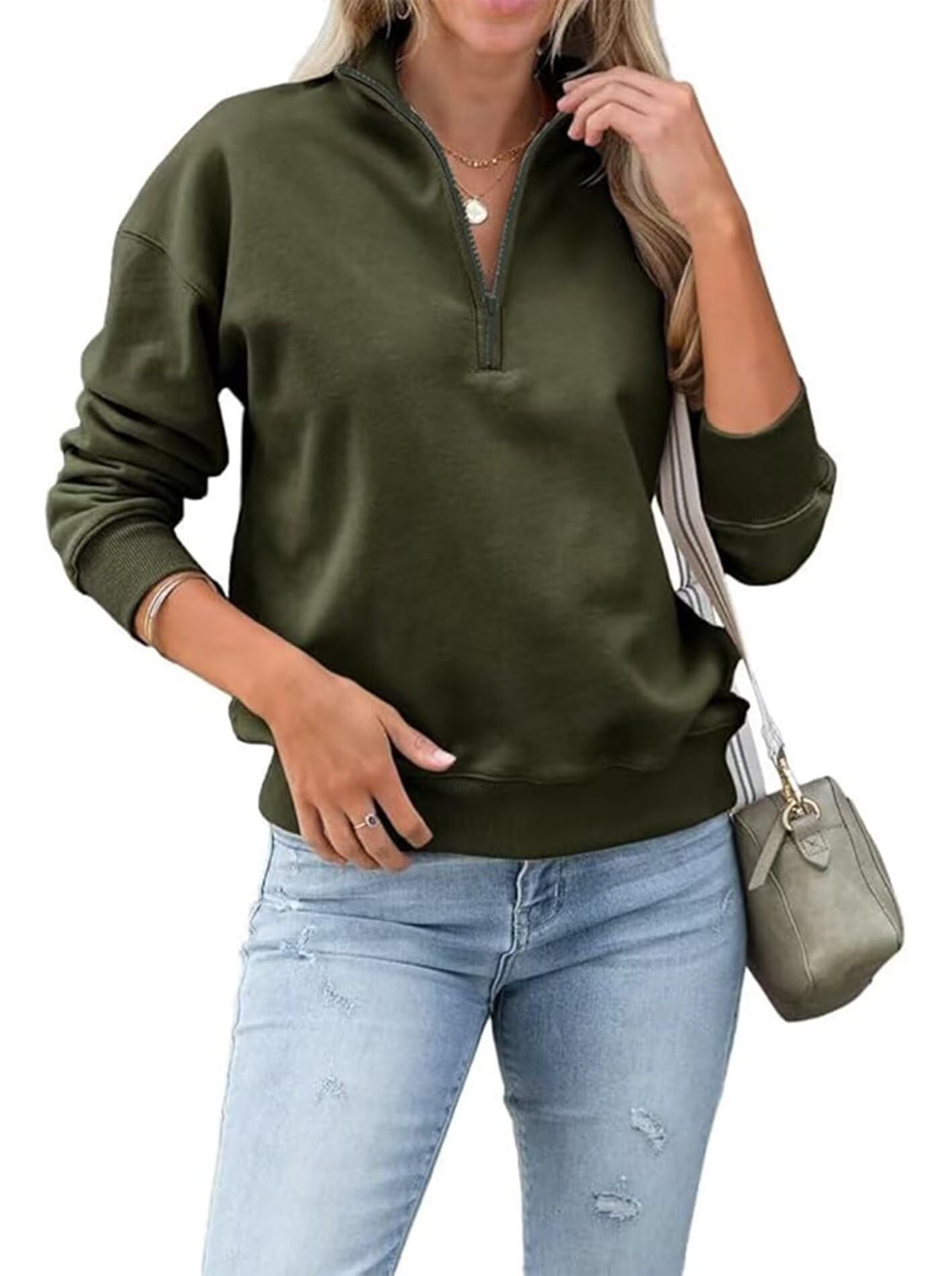 Dressmine Women's Stand Collar Sweatshirts Tops Loose Fit Long Sleeve 3/4 Zip Pullover Shirts for Women Army Green X-Large