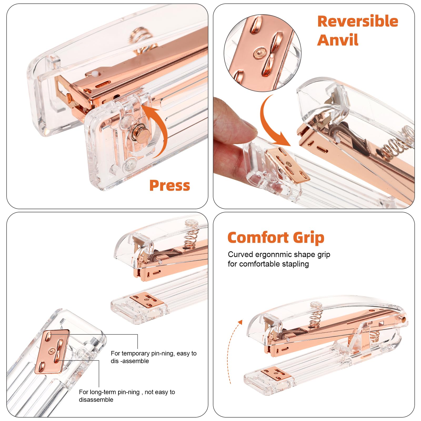 Rose Gold Office Supplies and Accessories, Acrylic Stapler, Staple Remover, Tape Dispenser, Pen Holder, Phone Holder, Scissors, Paper Clips, Binder Clips, 2 Pen and 1000 pcs Staples