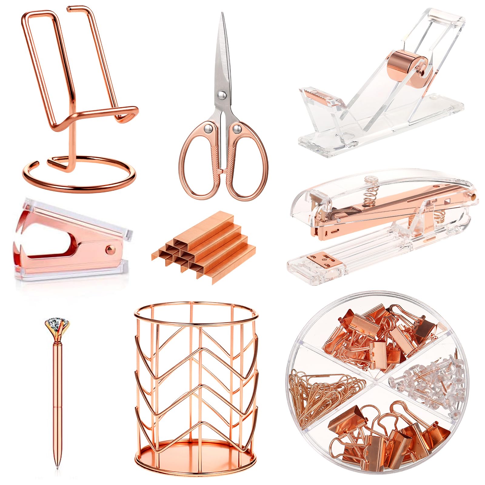 Rose Gold Office Supplies and Accessories, Acrylic Stapler, Staple Remover, Tape Dispenser, Pen Holder, Phone Holder, Scissors, Paper Clips, Binder Clips, 2 Pen and 1000 pcs Staples