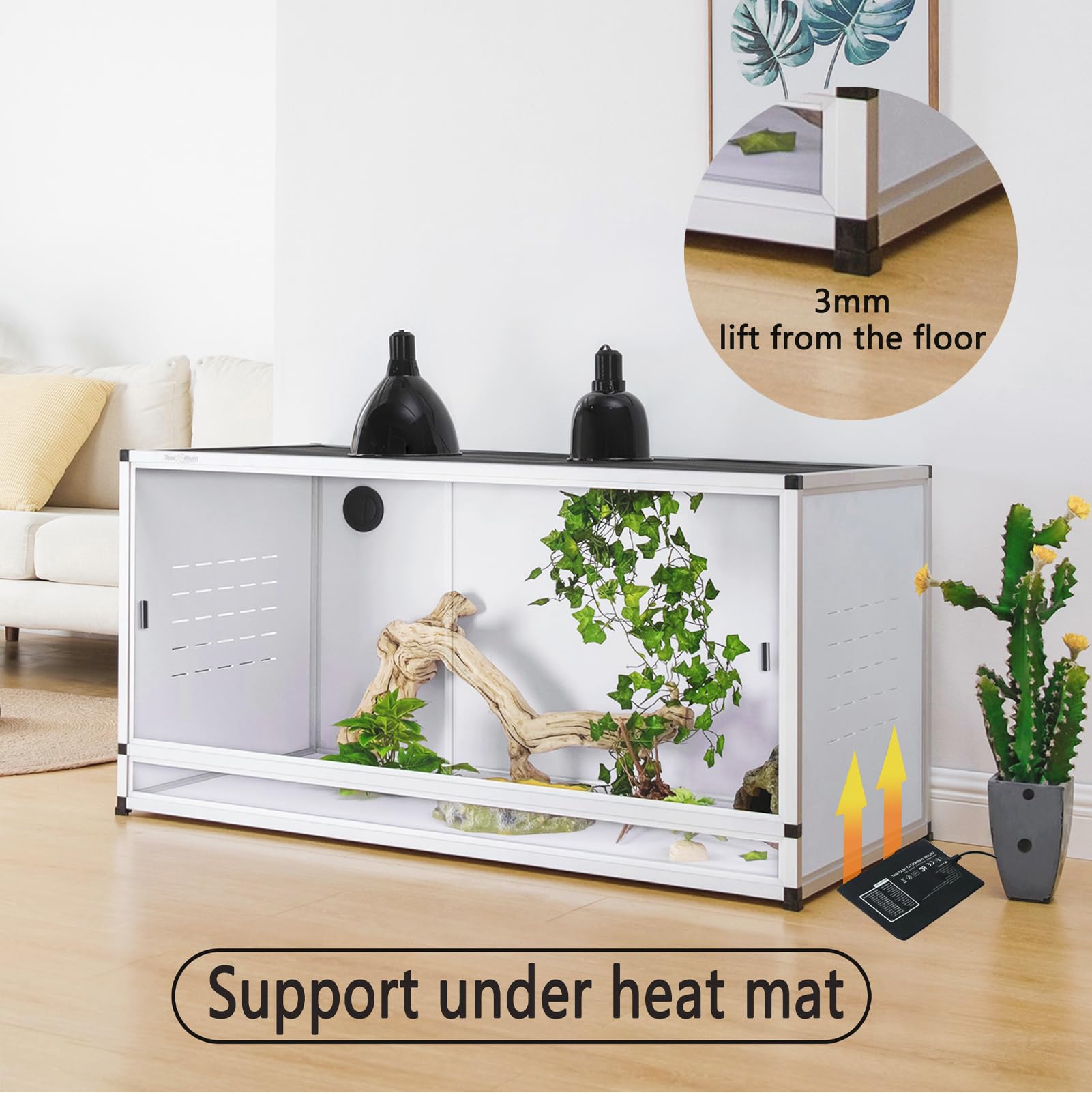 PVC Reptile Enclosure 48 * 24 * 24" Space Efficient Large Reptile Terrarium Habitat 120 Gallon for Bearded Dragon Gecko Lizard Snake, Wide Vivarium with Sliding Doors Lock (2pcs-White Panels)