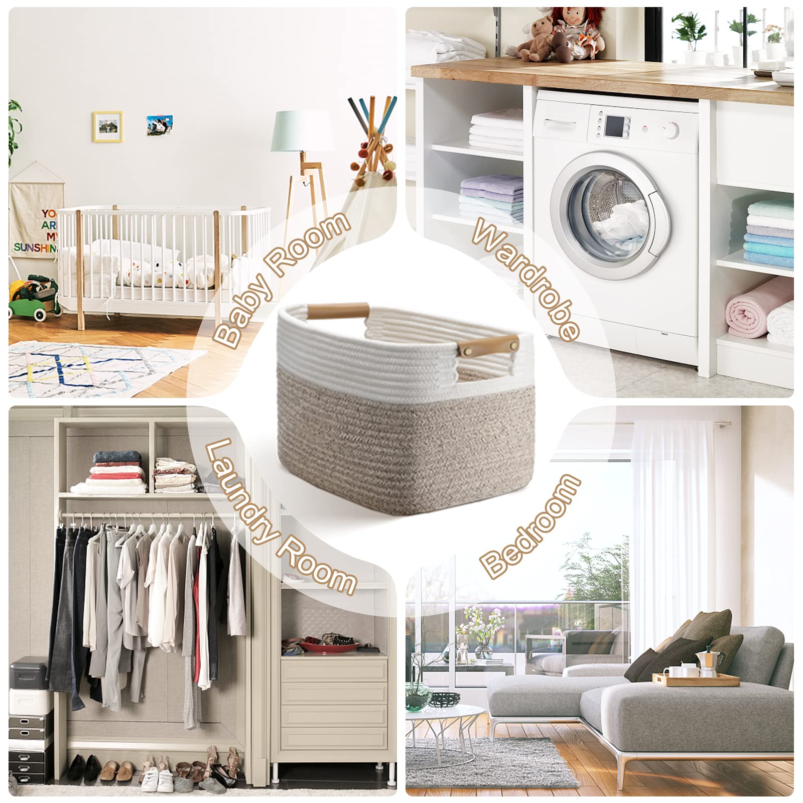 LOVSTORAGE Cotton Rope Basket for Storage, Set of 3 Storage Baskets for Organizing with Handles Woven Laundry Basket in Living Laundry Room for Blankets Toys Throws Pillows Towels 15x10x9" White/Brown