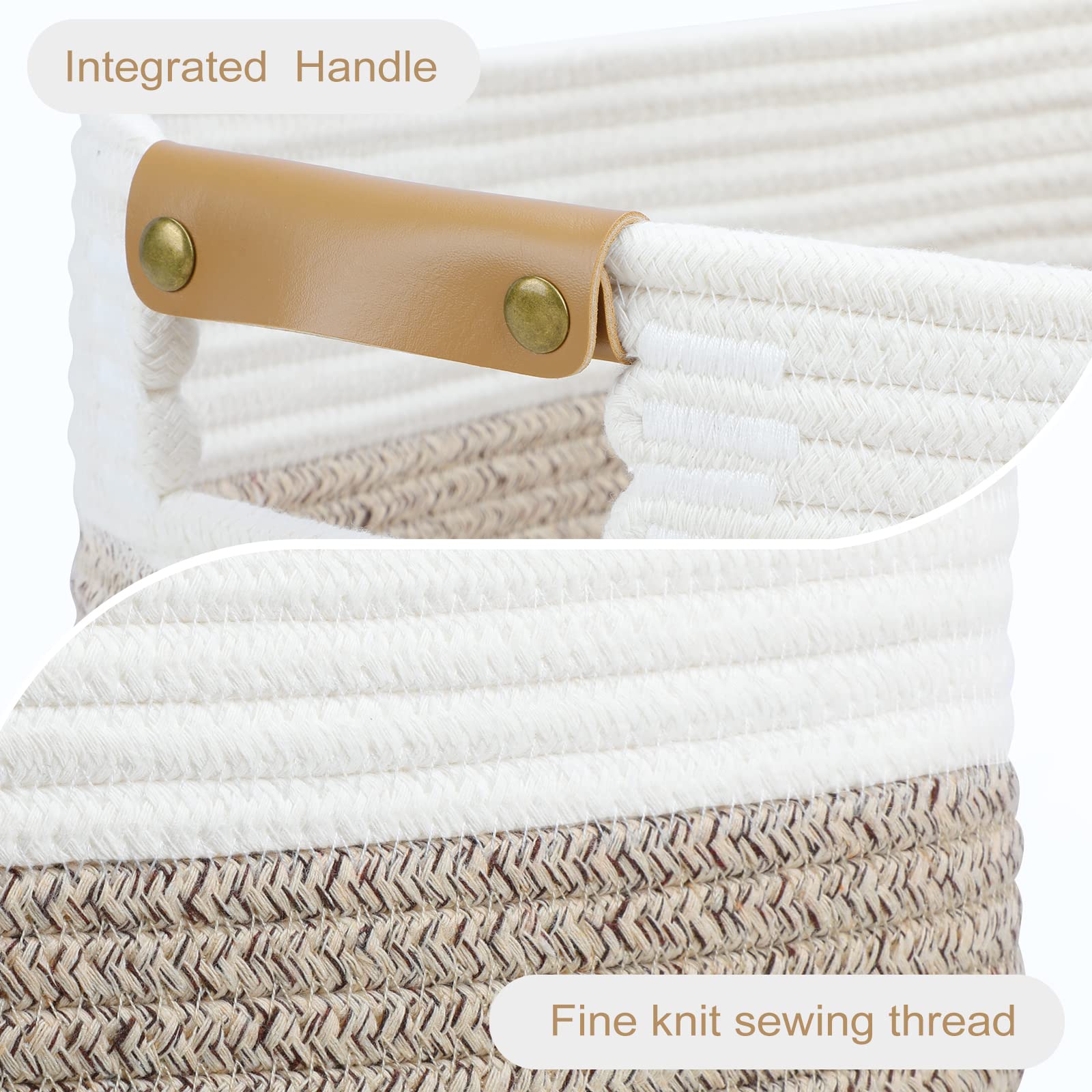 LOVSTORAGE Cotton Rope Basket for Storage, Set of 3 Storage Baskets for Organizing with Handles Woven Laundry Basket in Living Laundry Room for Blankets Toys Throws Pillows Towels 15x10x9" White/Brown