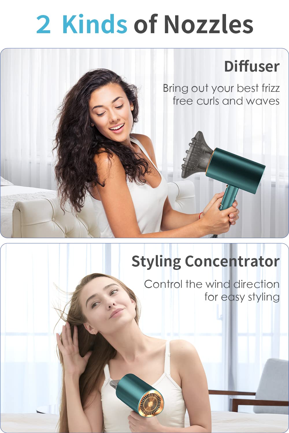 Dxliwky Professional Ionic Hair Dryer Blow Dryer with Diffuser and Concentrator for Curly Hair,Foldable Handle Travel Hair Dryer,Constant Temperature Hair Care (Vintage Green)