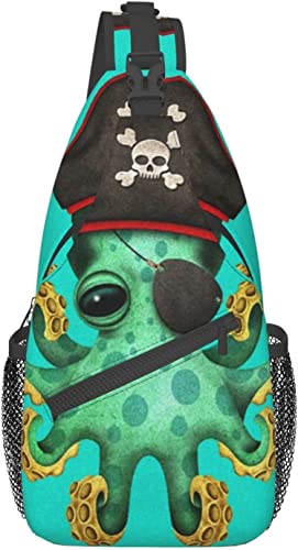Stylish Chest Sling Bag Cute Green Baby Octopus Pirate,Crossbody Shoulder Backpack Adjustable Chest Bag Lightweight Hiking Casual Daypack for Men Women Outdoor Sports Biking Climbing Shopping