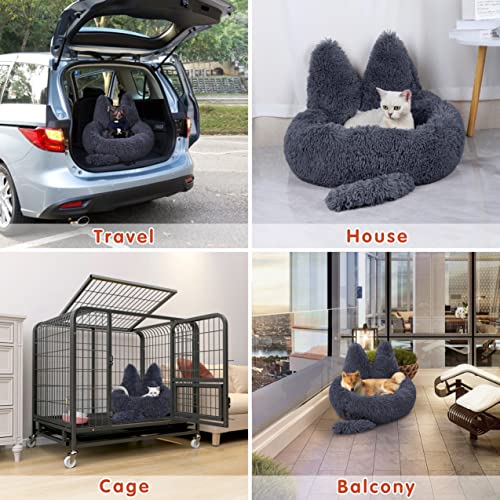 Idepet Cat Bed, Calming Dog Bed Luxury Plush Pet Bed with Anti-Slip Bottom Warm Round Dogs Cushion Soft Cozy Fluffy Cat Dog Bed (20", Dark Grey)