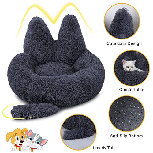 Idepet Cat Bed, Calming Dog Bed Luxury Plush Pet Bed with Anti-Slip Bottom Warm Round Dogs Cushion Soft Cozy Fluffy Cat Dog Bed (20", Dark Grey)