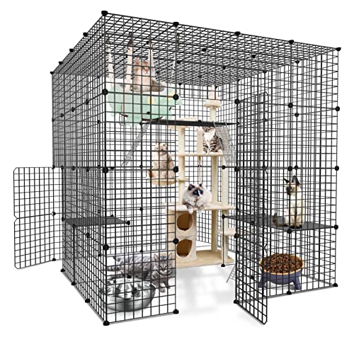 DIY Large Cat Cages Indoor,DIY Kennel Playpen.Detachable Metal Wire Large Cat Cage Exercise Place Ideal for 1-3 Cat,Comes with A Ladder Suitable for Ferret,Bunny and Chinchillas(55"x55"x55")