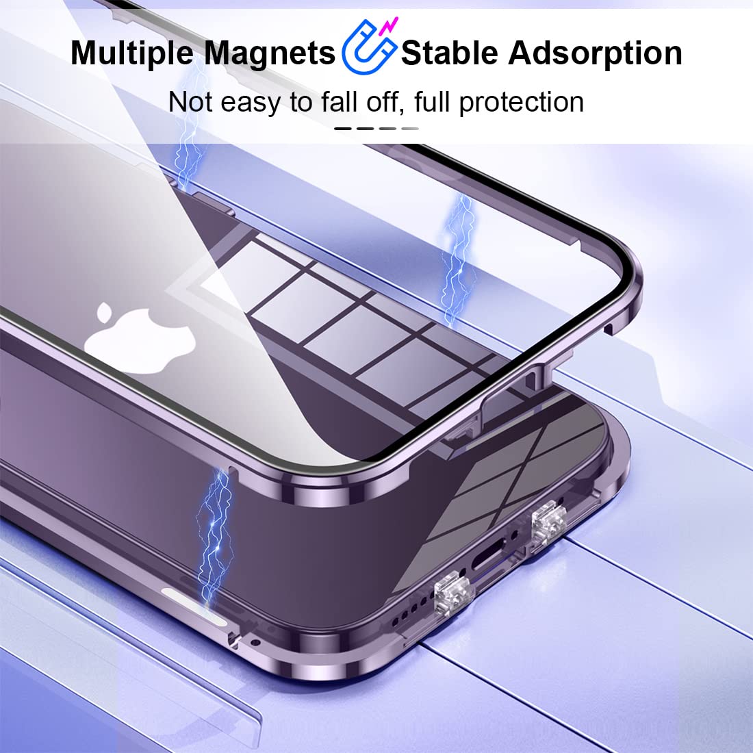 QUIETIP Case Compatible with iPhone 14 Pro Max,Magnetic Body Metal Frame Double Sided Clear Tempered Glass Shockproof with Camera Protection Cover Thin,Purple