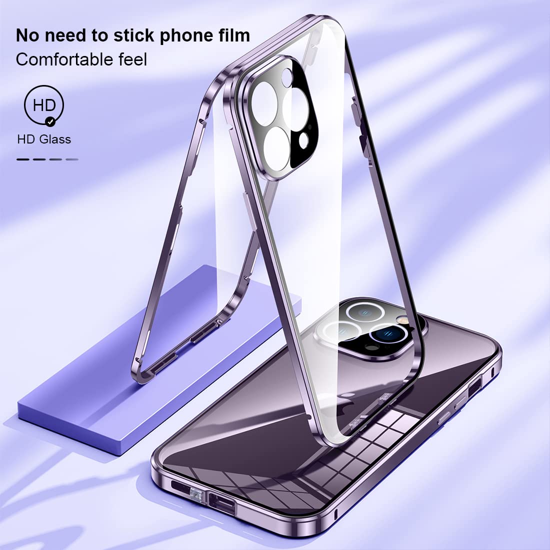 QUIETIP Case Compatible with iPhone 14 Pro Max,Magnetic Body Metal Frame Double Sided Clear Tempered Glass Shockproof with Camera Protection Cover Thin,Purple