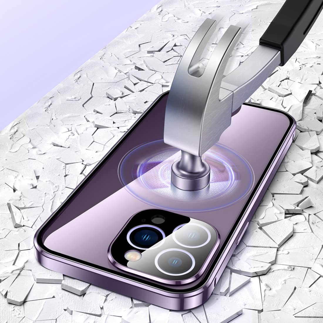 QUIETIP Case Compatible with iPhone 14 Pro Max,Magnetic Body Metal Frame Double Sided Clear Tempered Glass Shockproof with Camera Protection Cover Thin,Purple