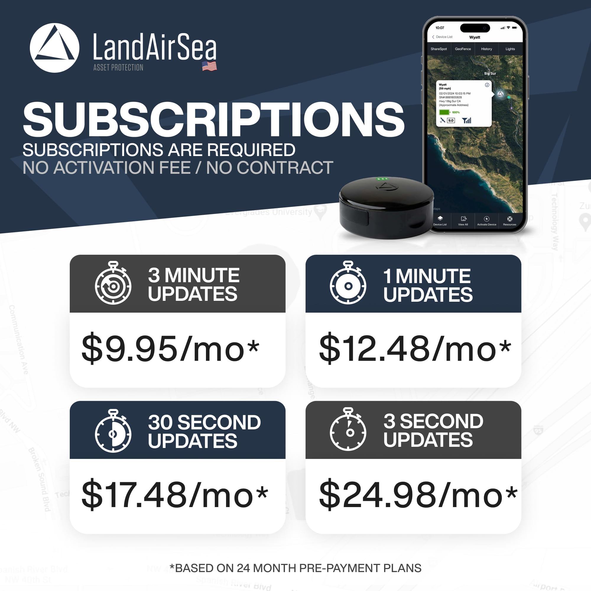 LandAirSea 54 GPS Tracker (Premium Edition) - Long Battery, Magnetic, & Waterproof. Global GPS Tracker for Vehicles. Made in The USA from Domestic & Imported Parts. Subscription is Required.