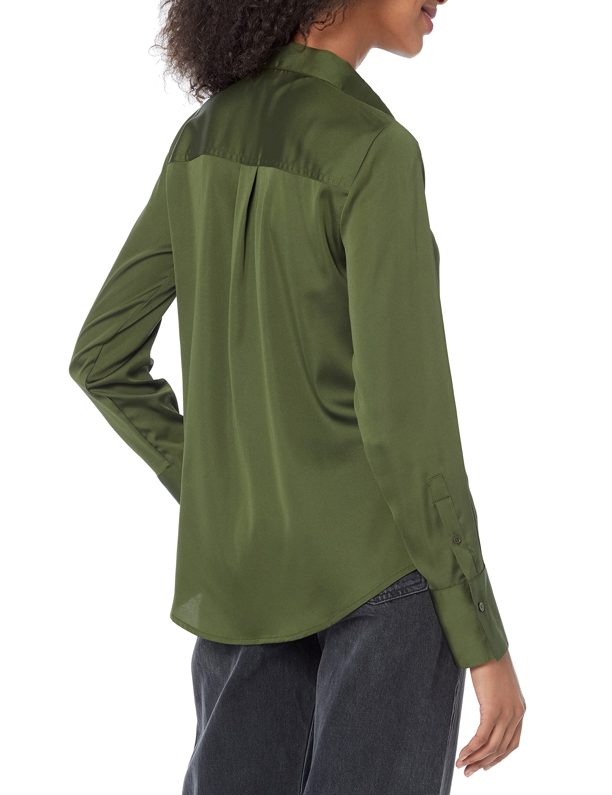 Amazon Essentials Women's Classic-Fit Satin Button Down Blouse (Available in Plus Size), Dark Olive, X-Large