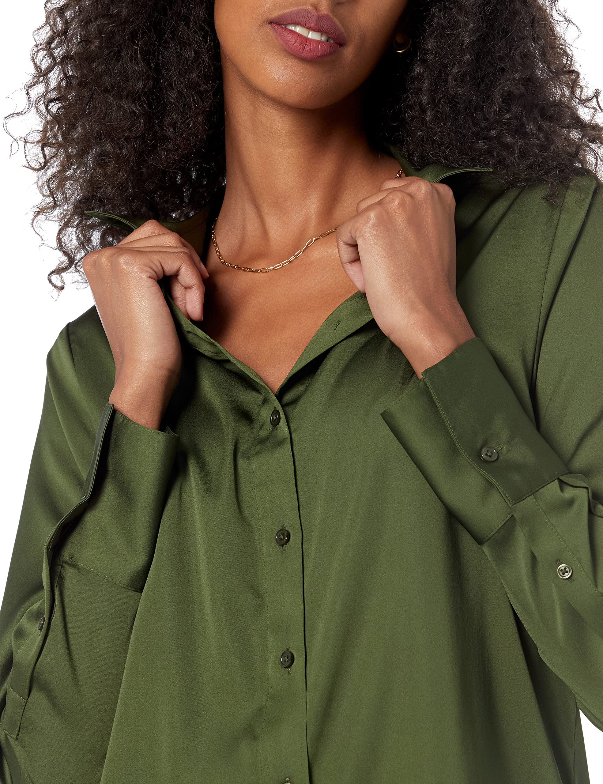Amazon Essentials Women's Classic-Fit Satin Button Down Blouse (Available in Plus Size), Dark Olive, X-Large