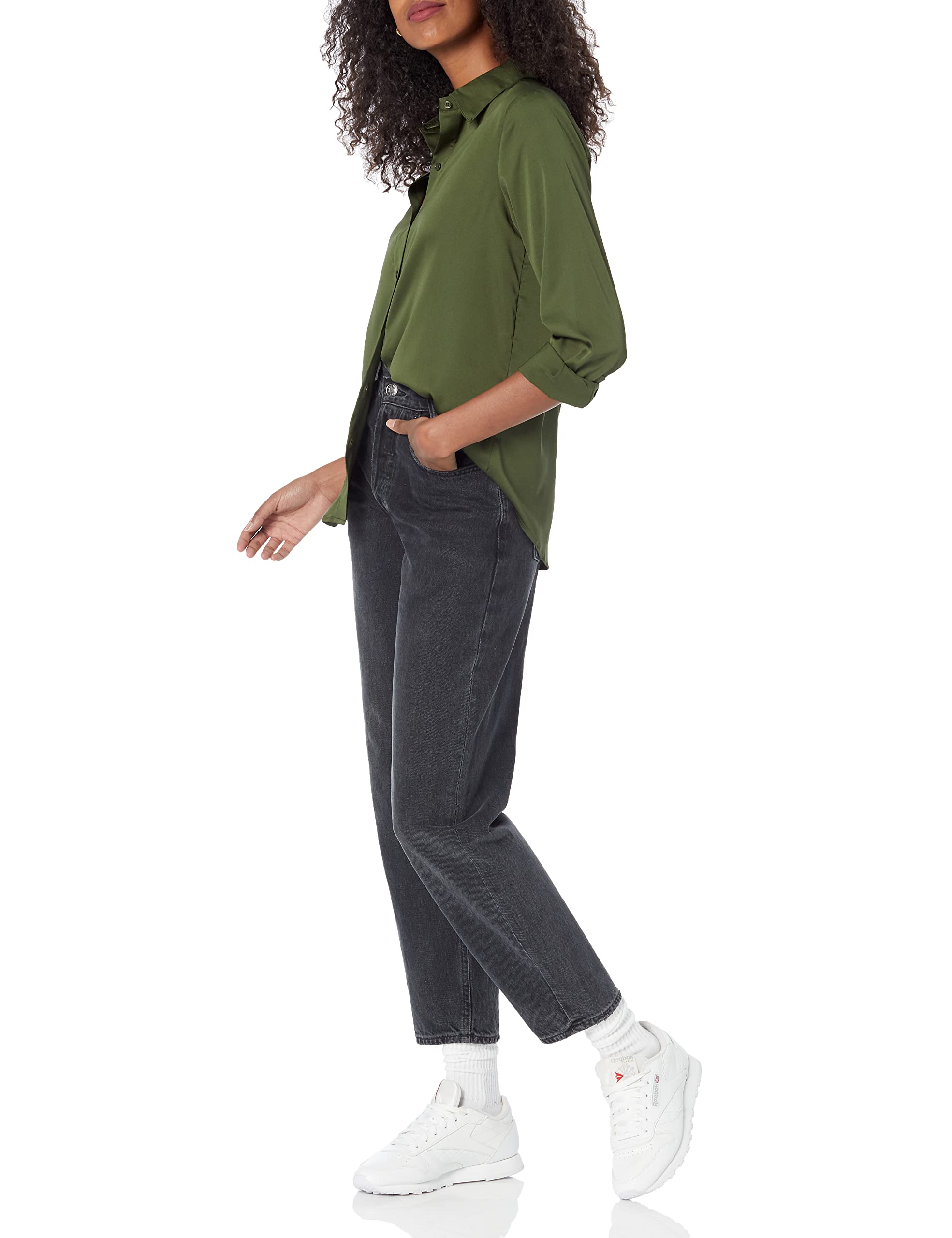 Amazon Essentials Women's Classic-Fit Satin Button Down Blouse (Available in Plus Size), Dark Olive, X-Large