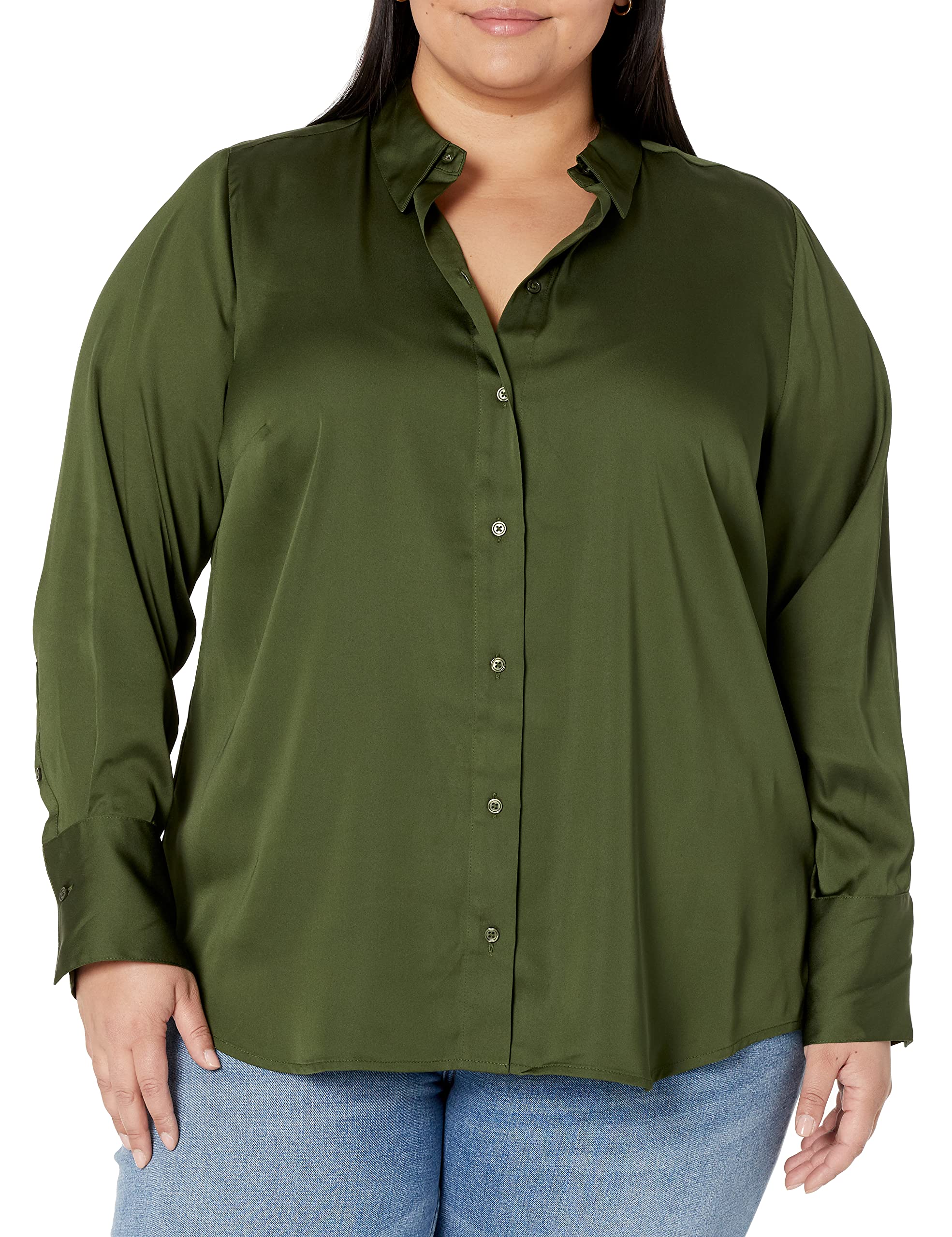 Amazon Essentials Women's Classic-Fit Satin Button Down Blouse (Available in Plus Size), Dark Olive, X-Large