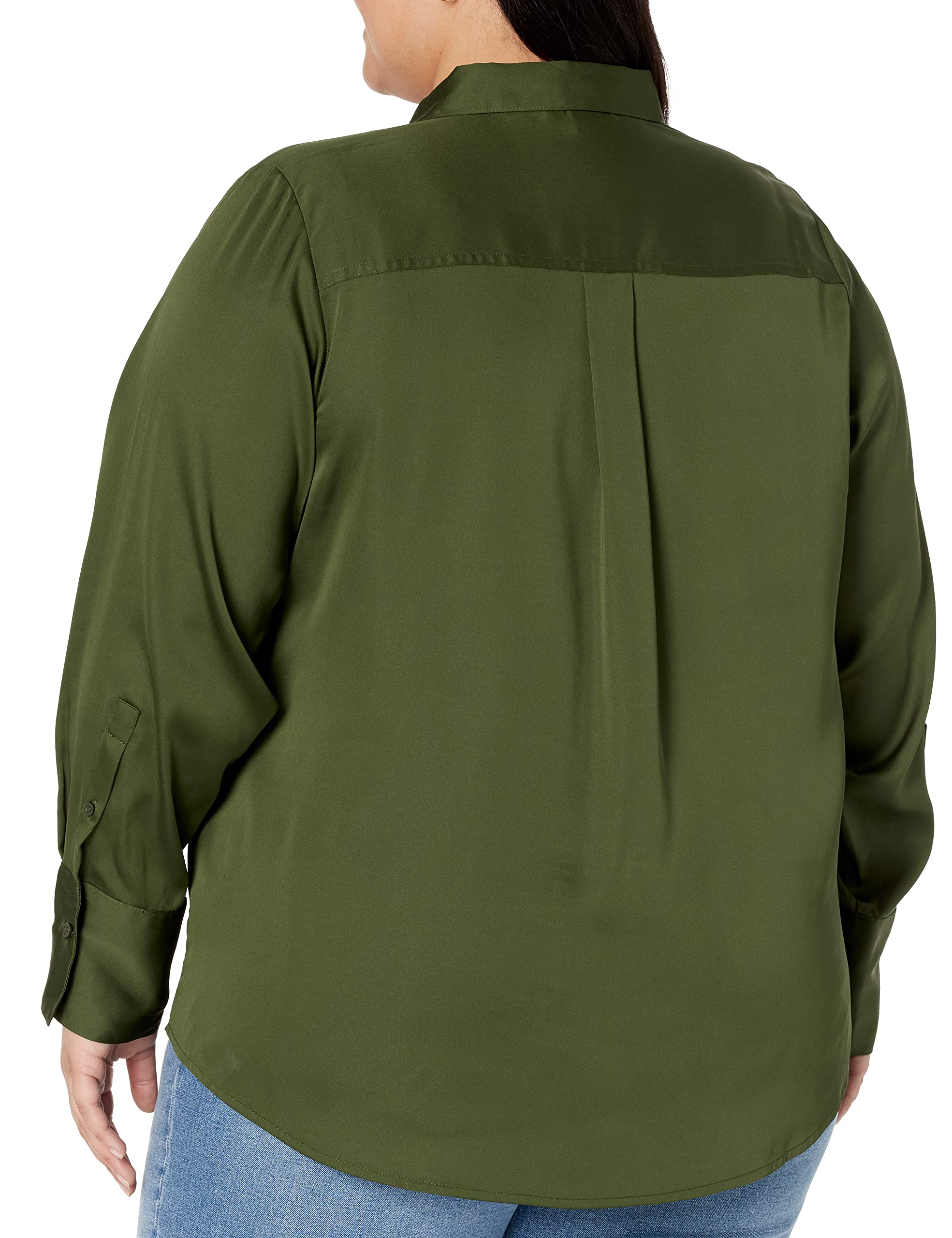 Amazon Essentials Women's Classic-Fit Satin Button Down Blouse (Available in Plus Size), Dark Olive, X-Large