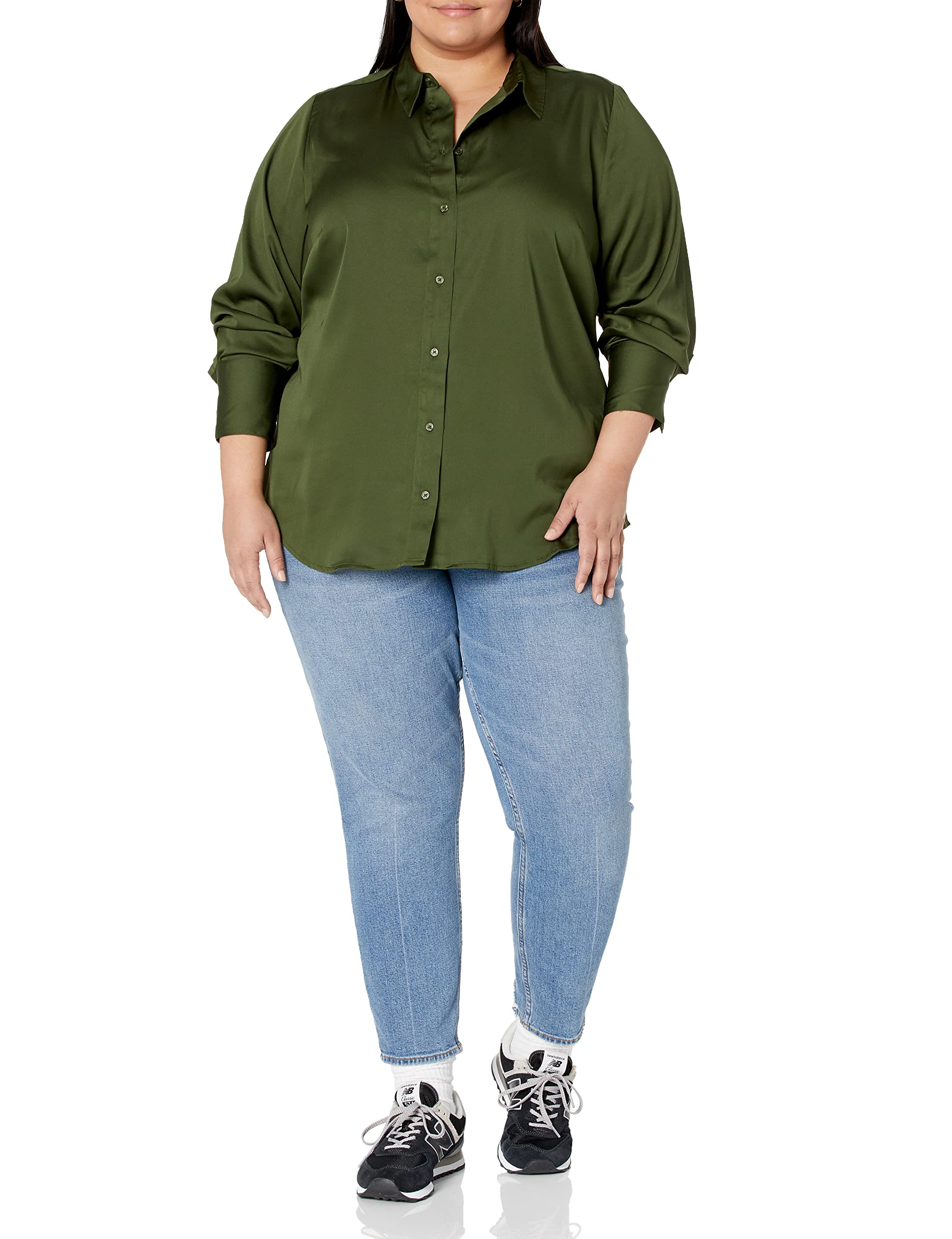 Amazon Essentials Women's Classic-Fit Satin Button Down Blouse (Available in Plus Size), Dark Olive, X-Large