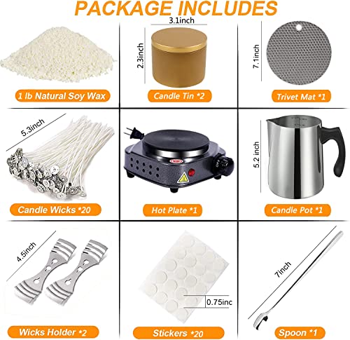 Candle Making Kit With Electronic Hot Plate,Candle Making Tools Supplies for Melting Wax,Including Melting Pot , Wax Melter hot Plate,1lb Soy Wax,Stain Spoon,Cotton Wicks,center devices,Wick Stickers