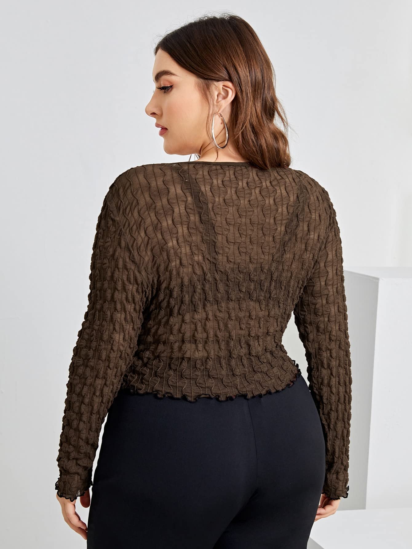 Floerns Women's Plus Size V Neck Lettuce Trim Long Sleeve Mesh Crop Top T Shirt Brown 2XL