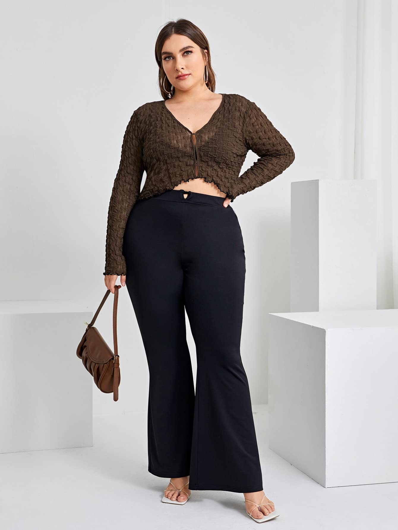 Floerns Women's Plus Size V Neck Lettuce Trim Long Sleeve Mesh Crop Top T Shirt Brown 2XL