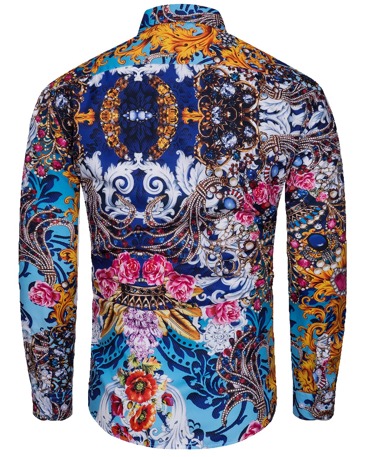 fohemr Mens Luxury Dress Shirts Baroque Gold Chain Print Casual Long Sleeve Button Down Shirt Blue Large