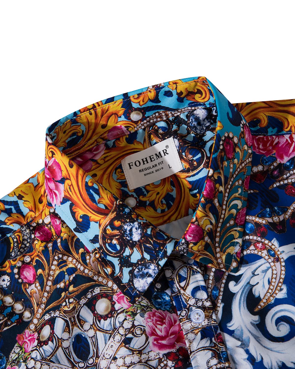 fohemr Mens Luxury Dress Shirts Baroque Gold Chain Print Casual Long Sleeve Button Down Shirt Blue Large