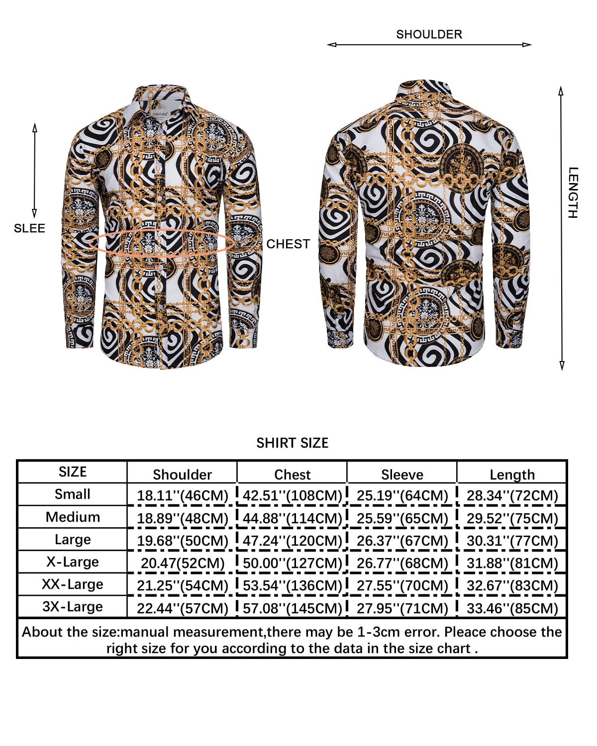 fohemr Mens Luxury Dress Shirts Baroque Gold Chain Print Casual Long Sleeve Button Down Shirt Blue Large