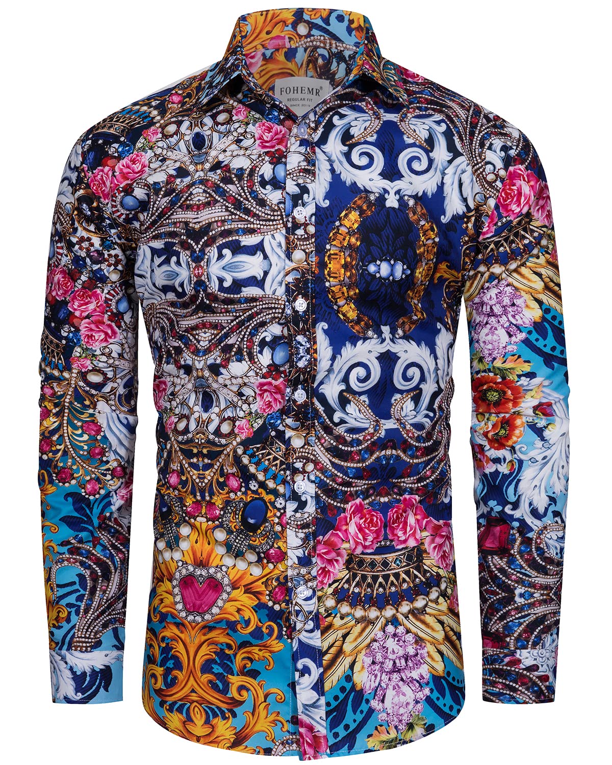 fohemr Mens Luxury Dress Shirts Baroque Gold Chain Print Casual Long Sleeve Button Down Shirt Blue Large