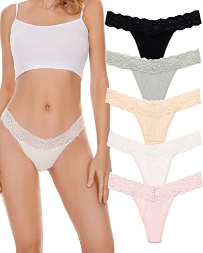VEMILOTS Lace Thongs for Women Pack Seamless Stretch No Show Underwear Cotton Modal Thong Panties 5 Pack(5pc Classic Assorted-L)