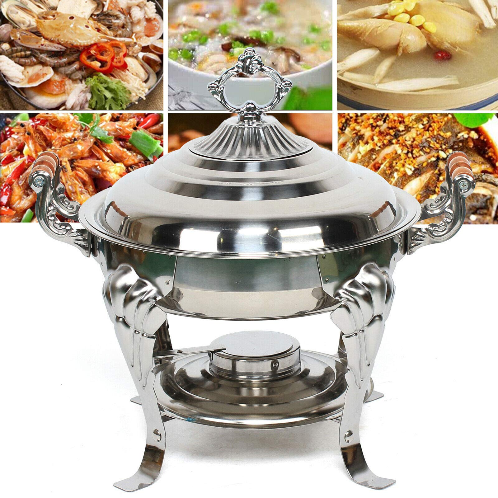 Full Size Stainless Steel Chafing Dish Buffet Set, Round/Rectangular Catering Warmer Set with Food Trays & Mirror Cover, Thick Stand Frame Food Warmer for Kitchen Party Banquet (Round)