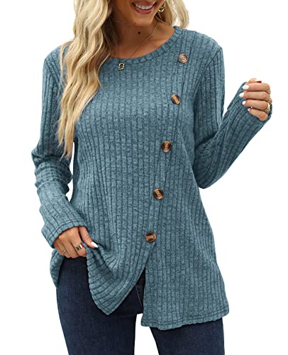 OFEEFAN Long Sleeve Shirts for Women Tunics Ladies Sweaters Winter Tops Blue L