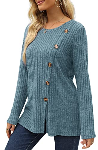 OFEEFAN Long Sleeve Shirts for Women Tunics Ladies Sweaters Winter Tops Blue L